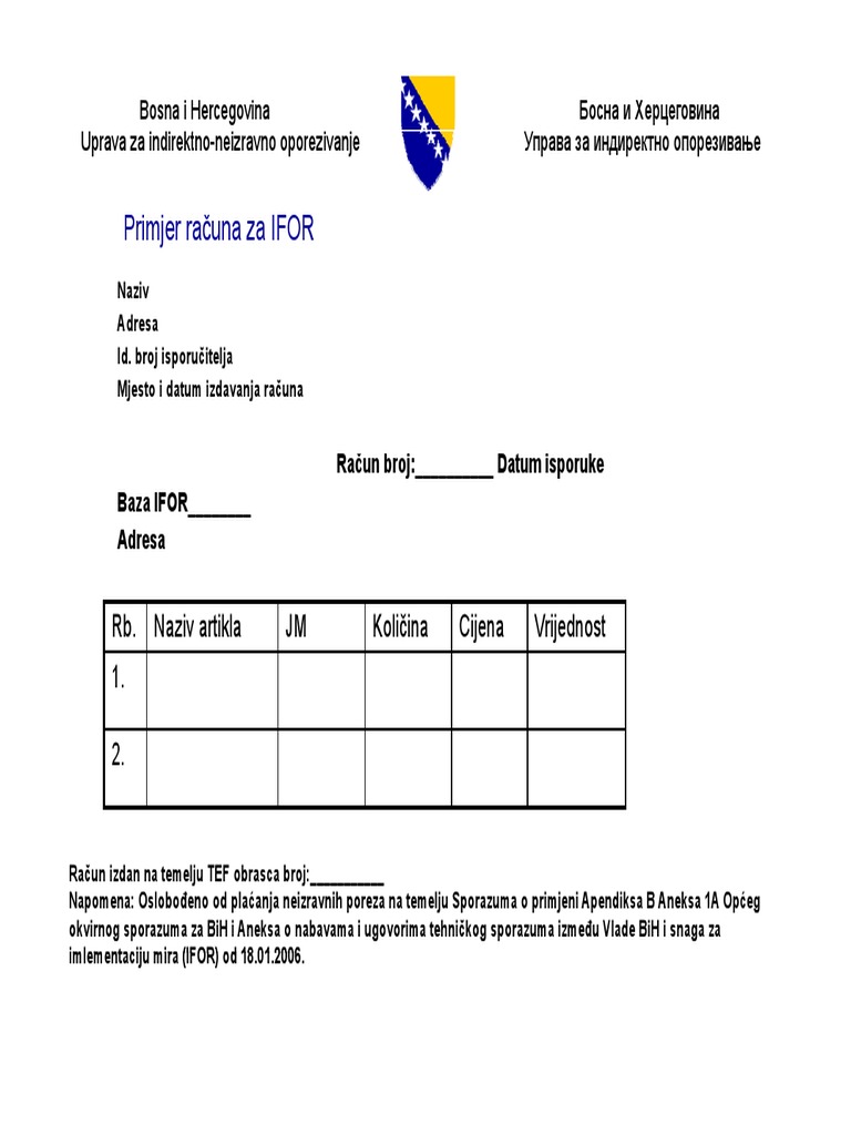 Primjer Fakture Za Isporuke Dobara i Usluga EUFOR NATO