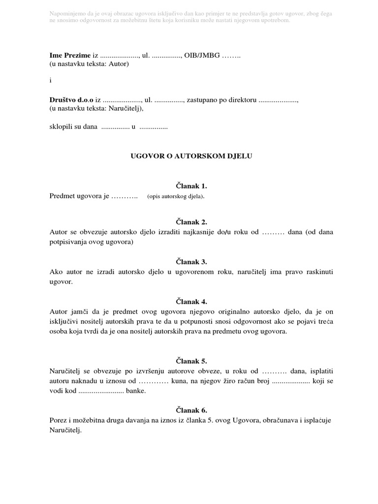 Ugovor o Autorskom Djelu PDF | PDF