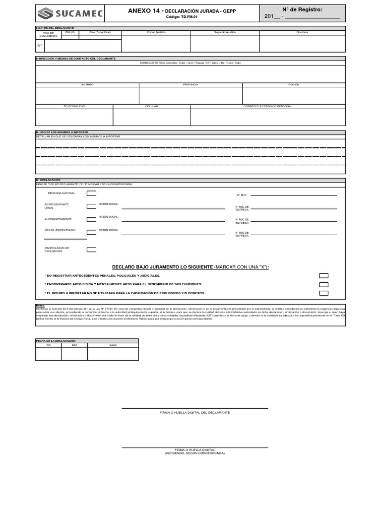 FUT-Anexo Declaración Jurada - SUCAMEC | PDF | Justicia | Crimen y violencia