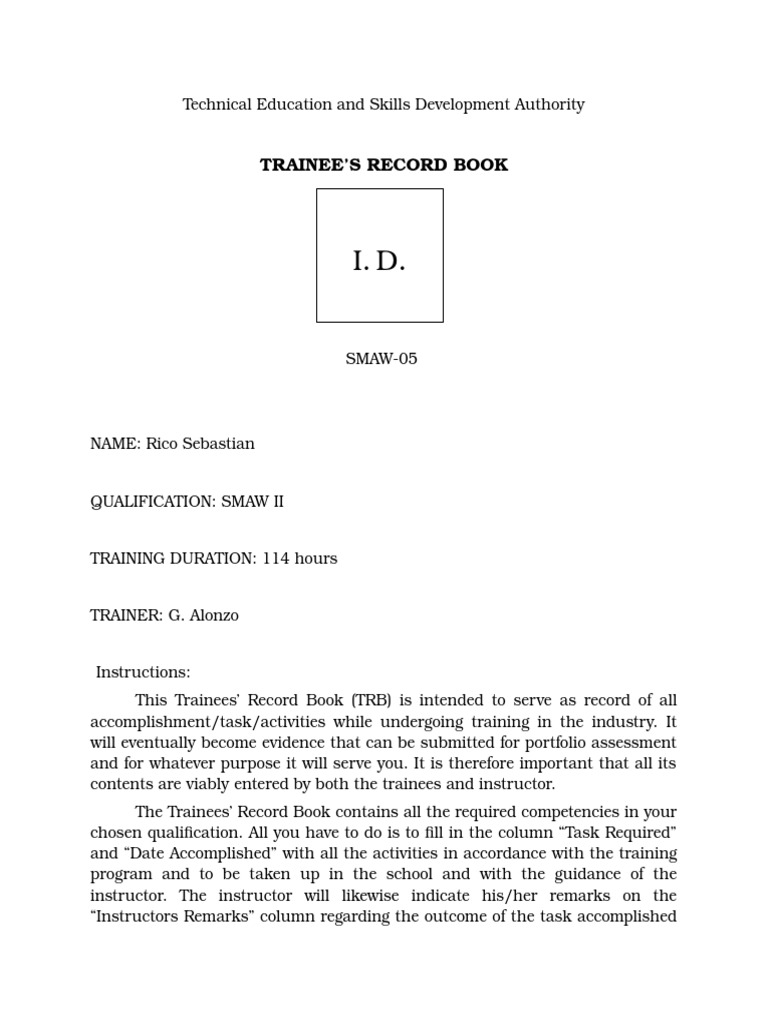 Trainee's Record Book for SMAW II | PDF | Vocational Education ...