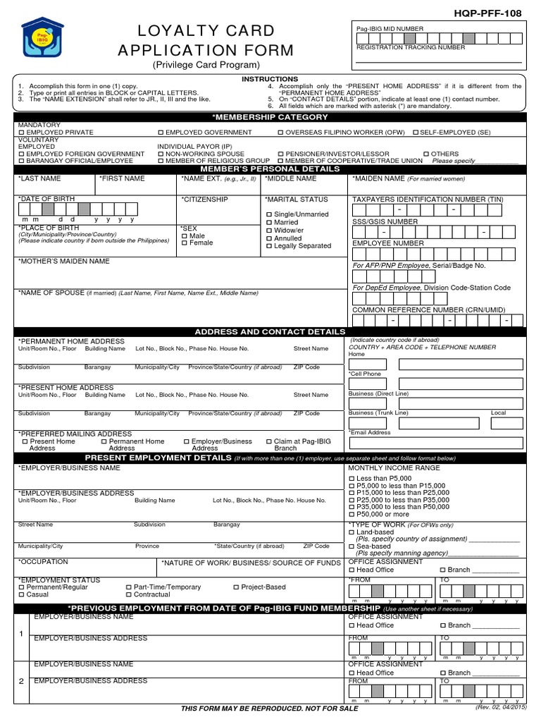 Revised Loyalty Card Application Form (HQP-PFF-108) PDF | PDF | Credit ...