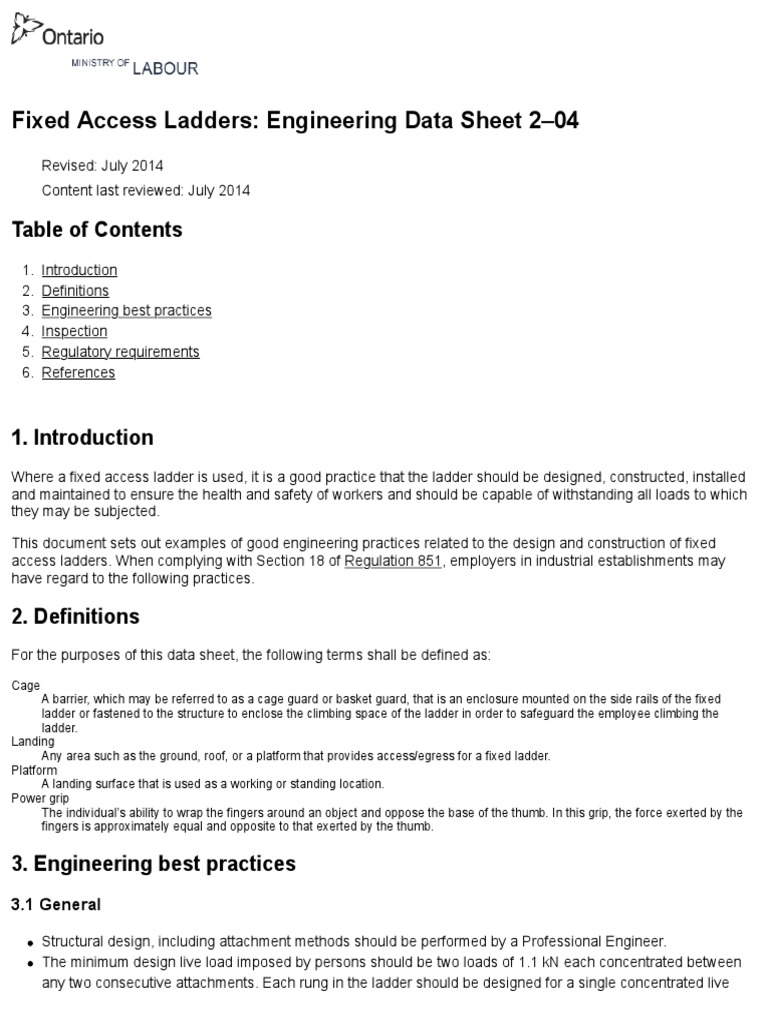 Fixed Access Ladders: Engineering Data Sheet 2-04 - Ministry of Labour ...