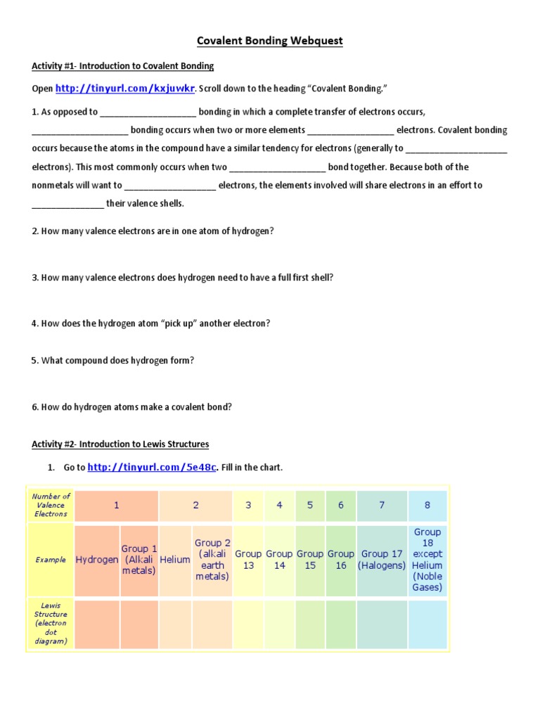 Covalent Bonding Webquest | PDF | Covalent Bond | Chemical Bond