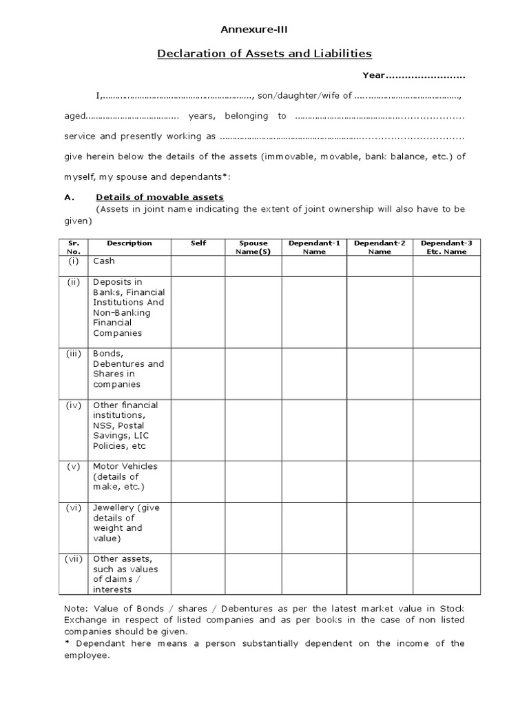Asset and Liability Declaration Form | PDF | Business | Finance & Money ...