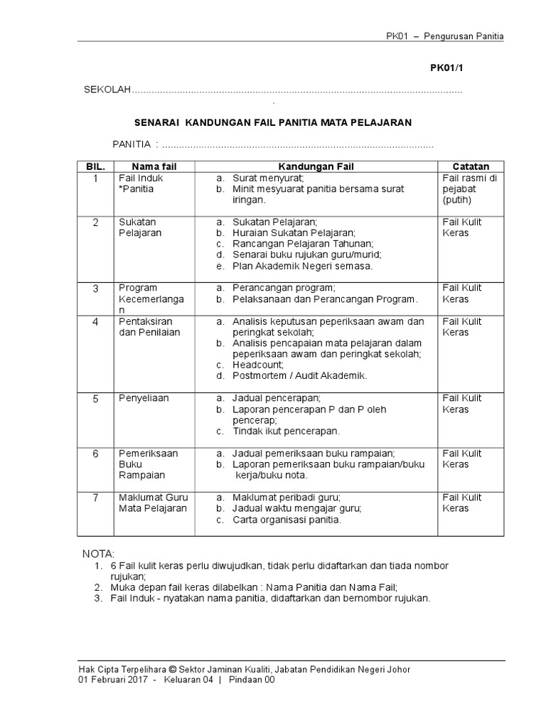 PK01-1 Senarai Kandungan Fail Panitia | PDF