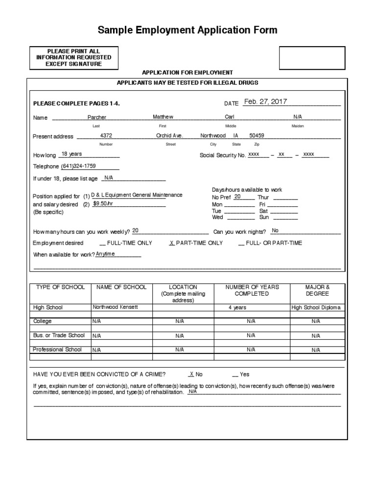 Sample Employment Application Form | PDF | Employment | Business