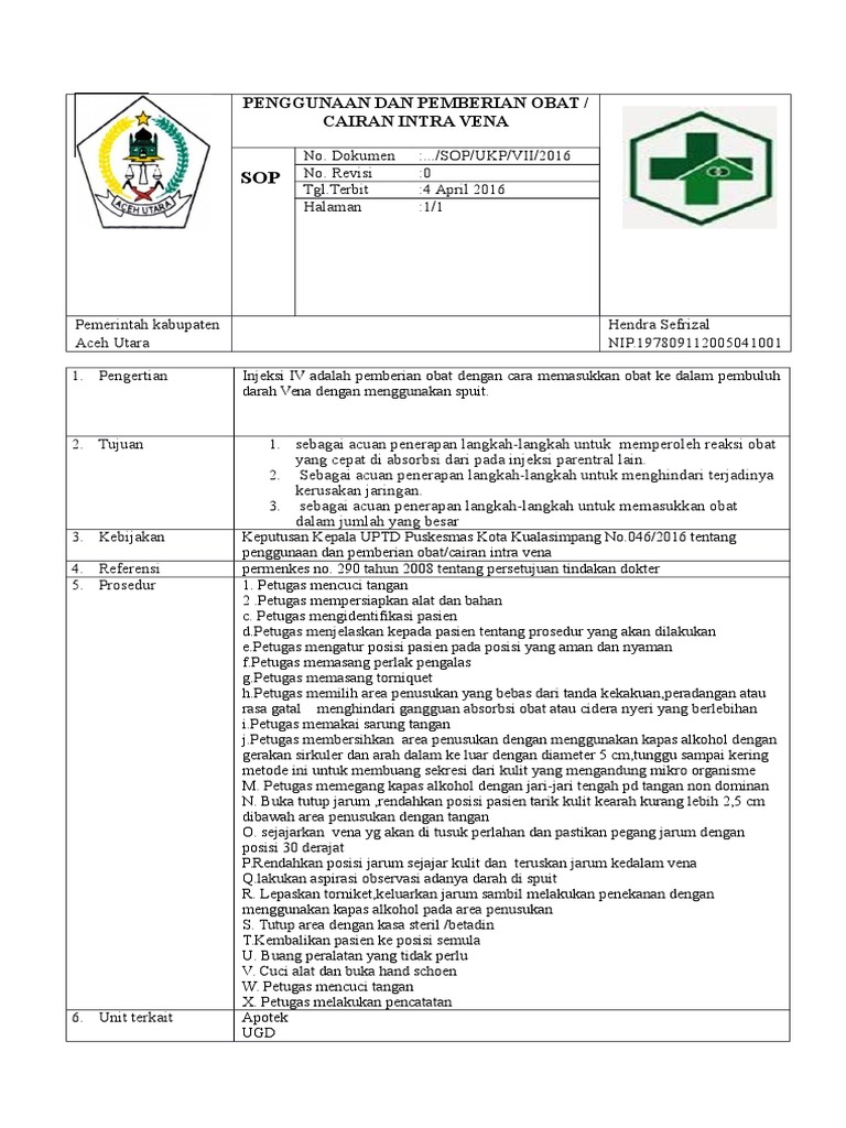 Sop Penggunaan Dan Pemberian Obat Intravena | PDF