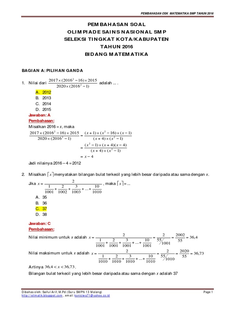 Pembahasan Soal Osk Matematika SMP 2016 PDF | PDF