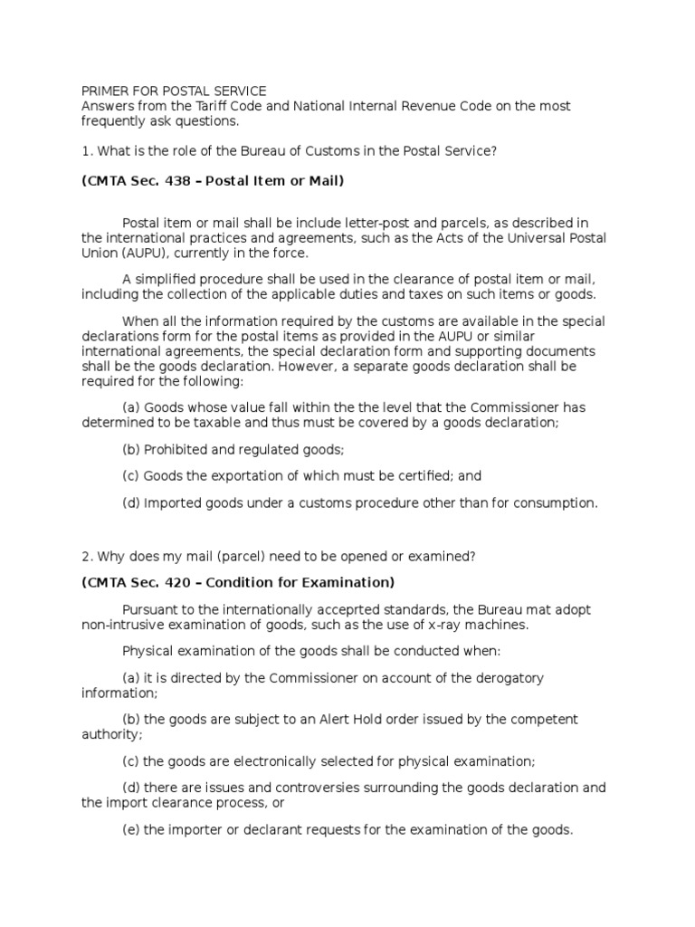 Primer For Postal Service | PDF | Mail | Customs