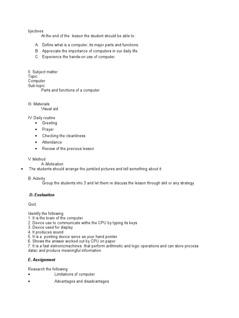 Computer Lesson Plan | PDF | Computer Keyboard | Central Processing Unit