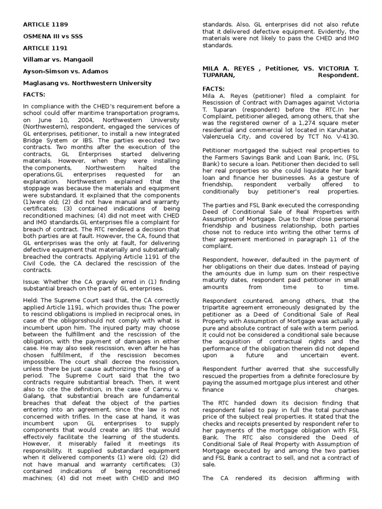 Article 1189 1191 Digest | PDF | Rescission | Breach Of Contract