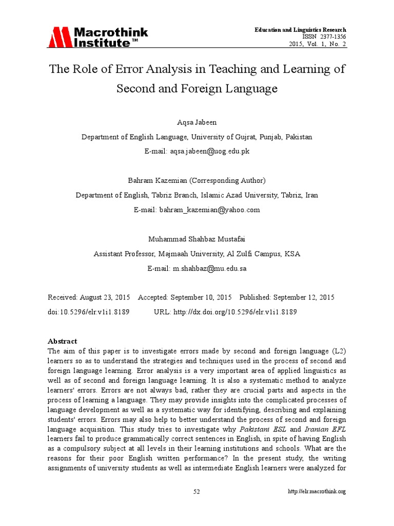 The Role Of Error Analysis In Teaching And Learning Of Second And