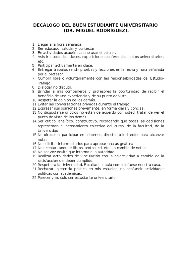 Decálogo Del Buen Estudiante Universitario 1840 | PDF | Escuelas ...
