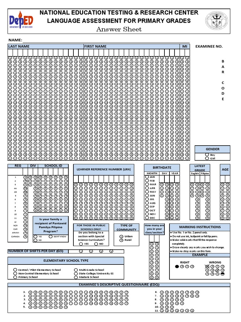 ELLNA Answer Sheet Template | PDF | Behavior Modification | Learning