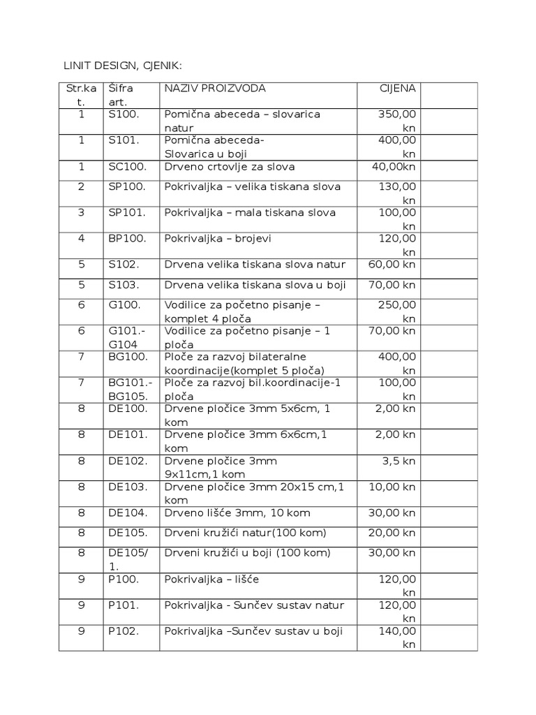 LINIT DESIGN Cjenik | PDF