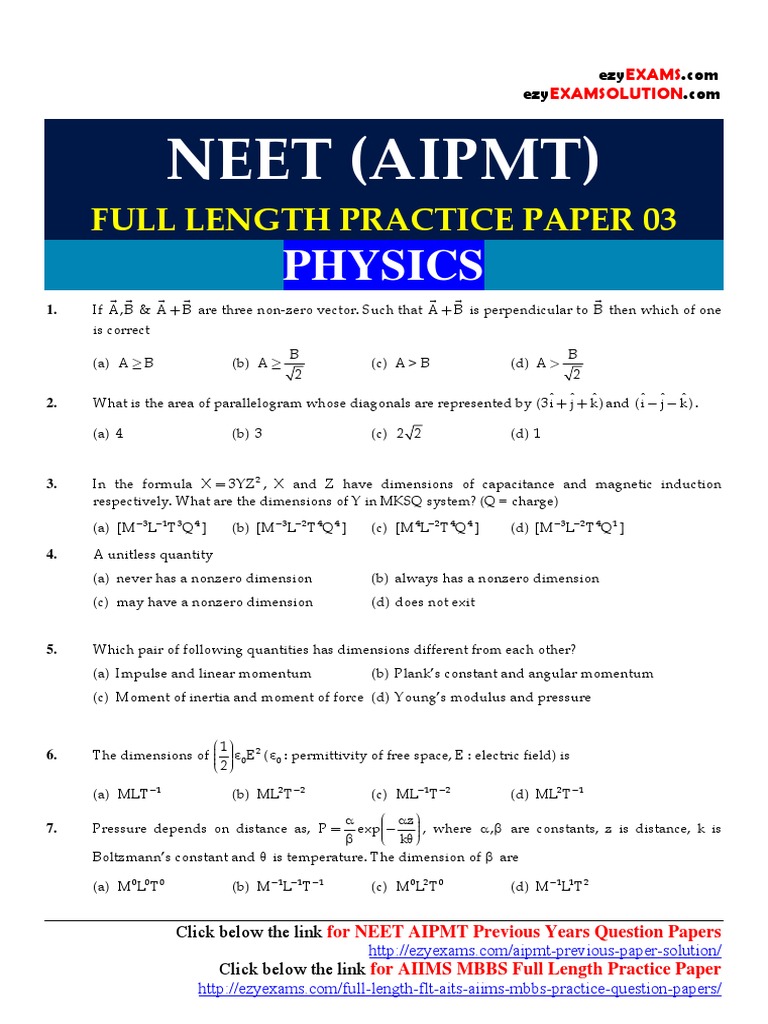 NEET - AIPMT - Full Length Practice Paper 03 - Ezyexams | PDF ...