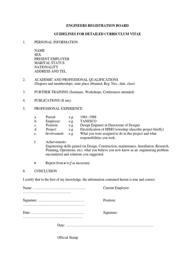 Engineers Registration Board Guidelines For Detailed Curriculum Vitae | PDF