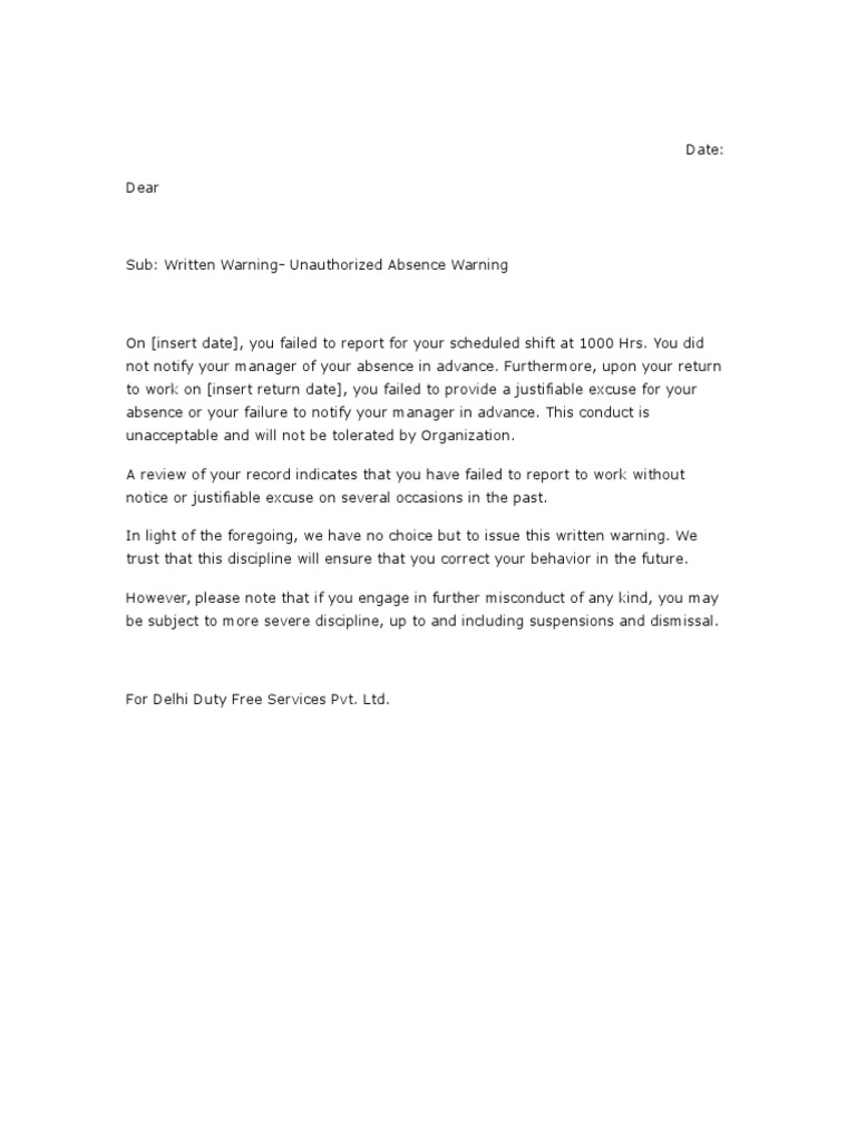 Employee Discipline - Unauthorized Absence Warning Letter | PDF ...