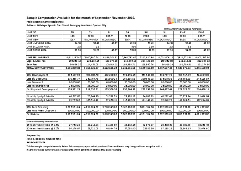 Sample Computation Available For The Month of September-November 2016 ...