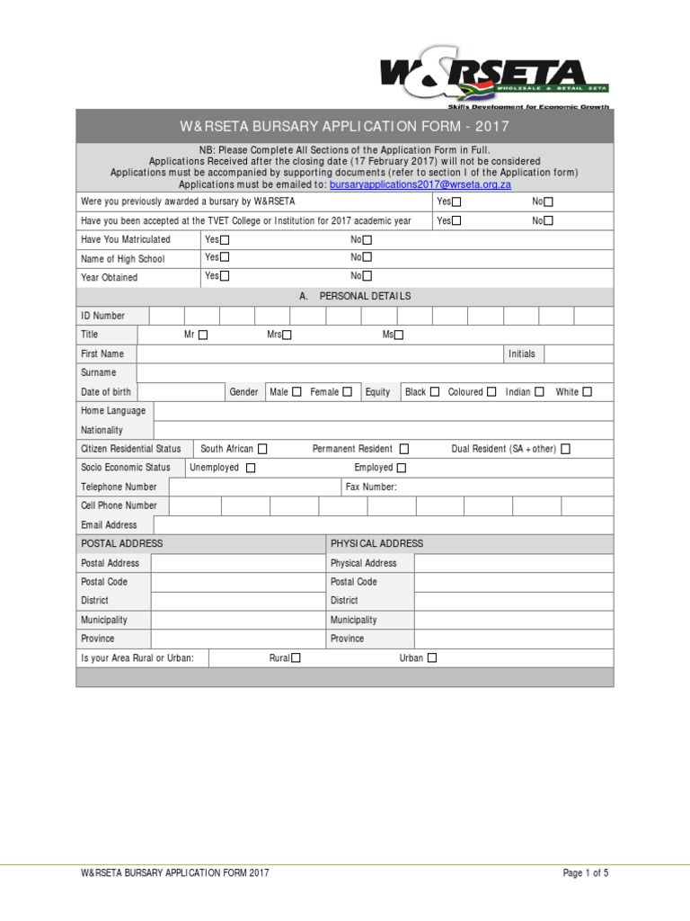 W&rseta Bursary Application Form 2017 | PDF | Vocational Education ...