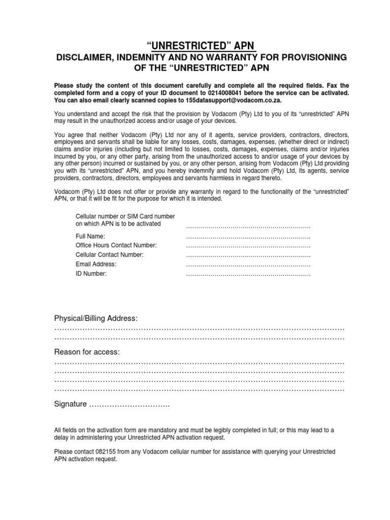 Vodacom Unrestricted APN Form | PDF