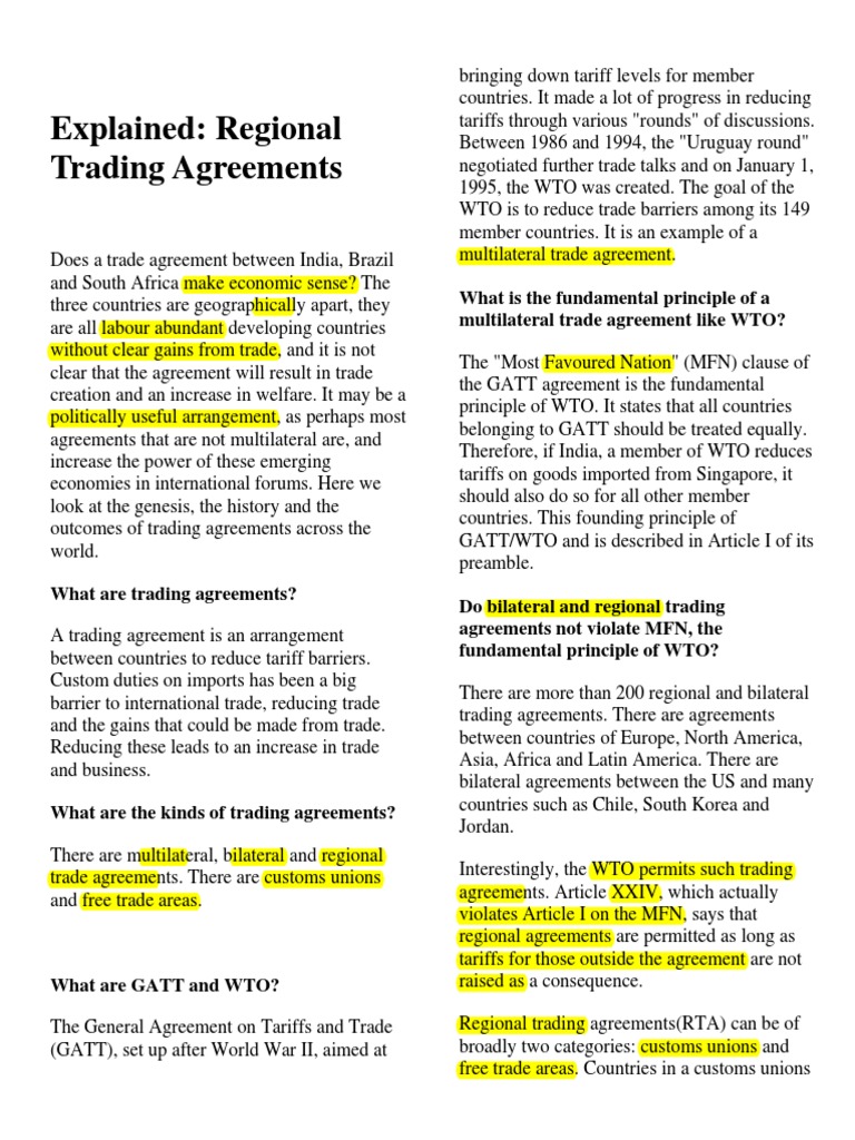 Explained: Regional Trading Agreements | PDF | Most Favoured Nation ...