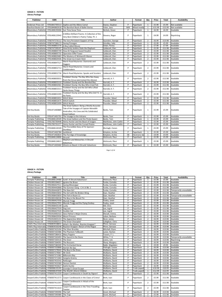 Grade 4 Fiction Library List Nov 2016 | PDF