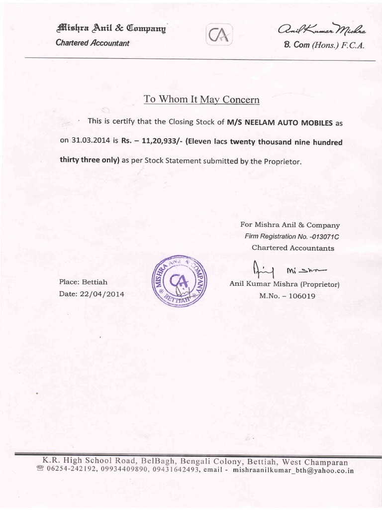 Chartered Accountant Closing Stock Certificate | PDF