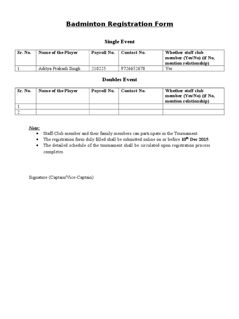 Badminton Registration Form | PDF | Business