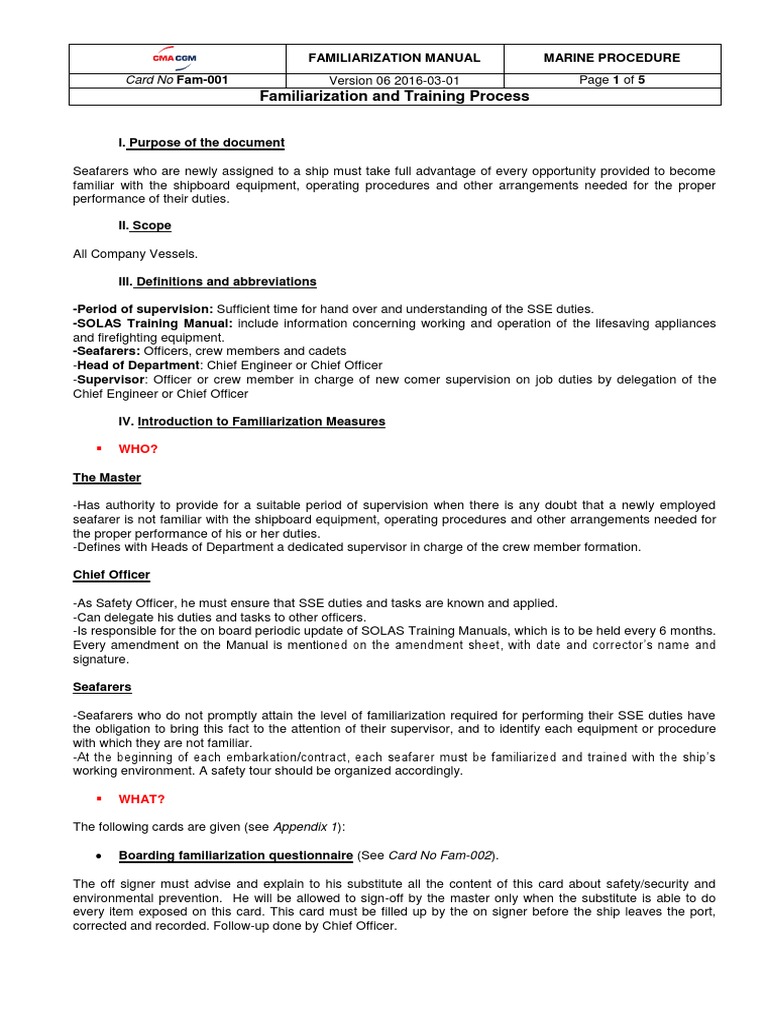 Fam-001 Familiarization and Training Process | PDF | Sailor | Ships