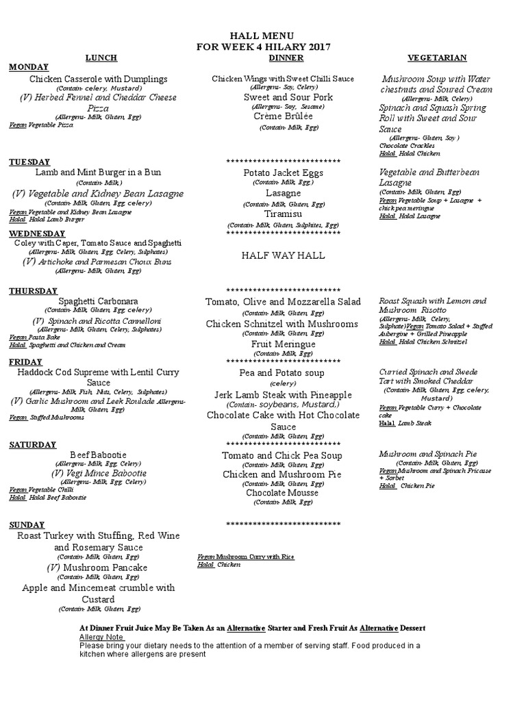 HALL Menu Week 4 Hilary 2017 | PDF | Curry | Veganism