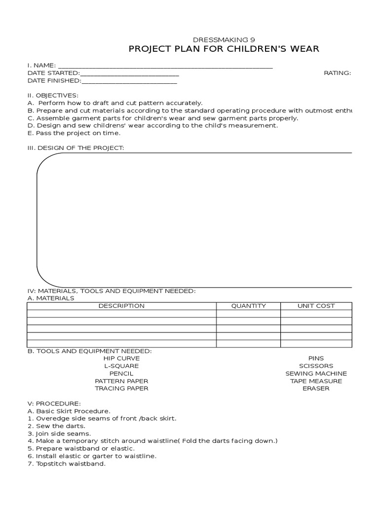 Project Plan for Childrens Wear | Seam (Sewing) | Sewing