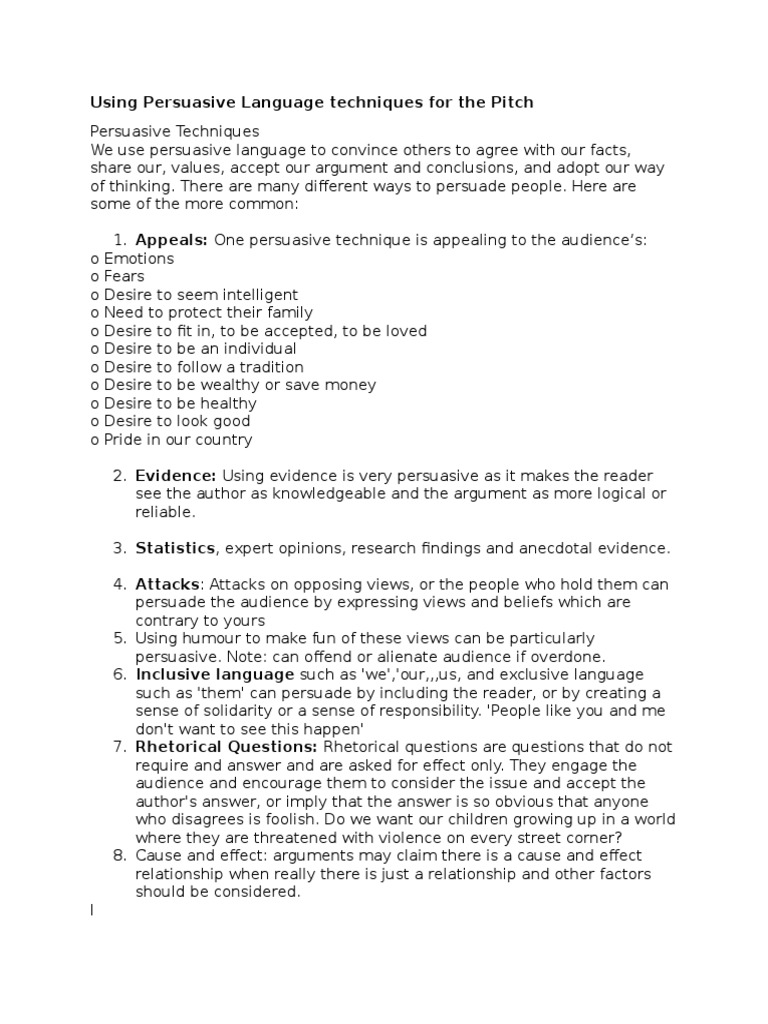 Using Persuasive Language Techniques For The Pitch | PDF | Persuasion ...