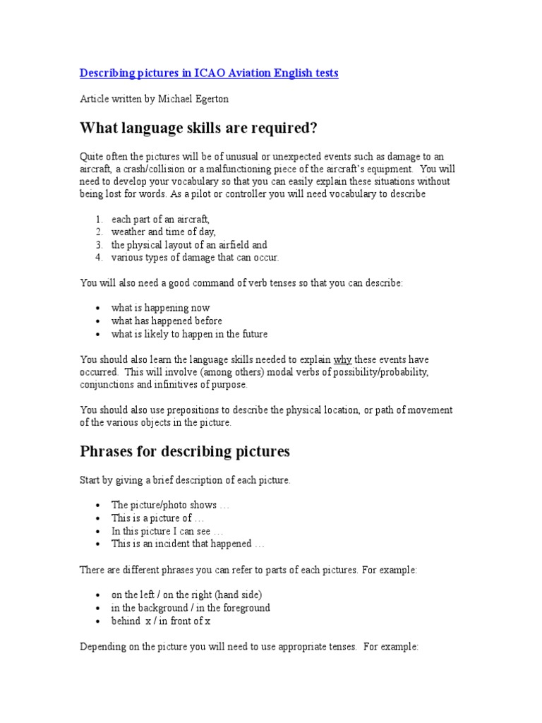 Describing Pictures in ICAO Aviation English | PDF | Verb | Phrase