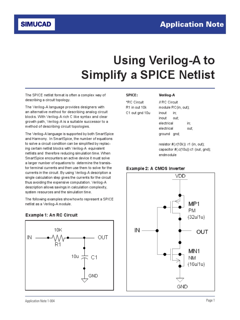 Using Verilog A To Simplify A Spice Netlist Application Note Pdf