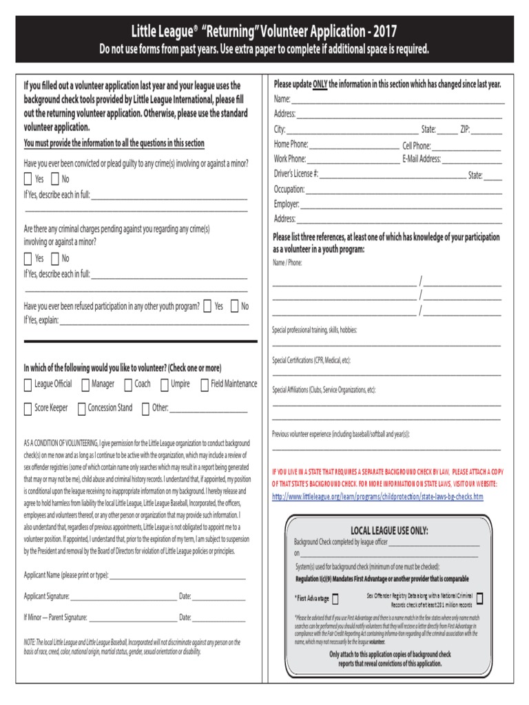 Little League® "Returning" Volunteer Application - 201 | PDF ...