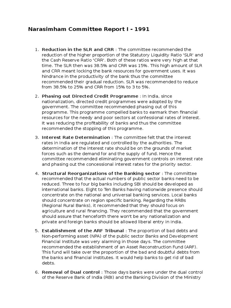 Narasimham Committee Report I & II | Banks | Economies