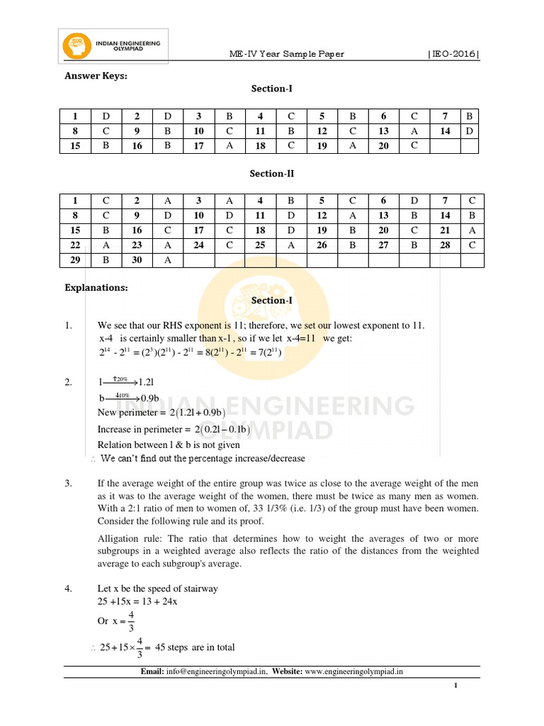 Answer Keys: Section-I: ME-IV Year Sample Paper - IEO-2016 | PDF | Odds ...