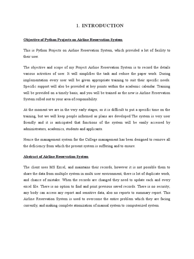 Objective of Python Projects On Airline Reservation System | PDF