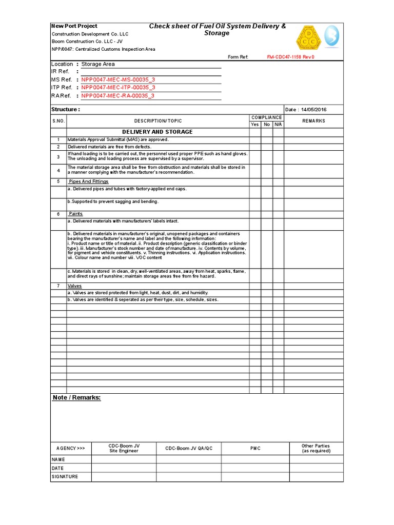 Checksheet - Installation, Testing of Fuel Oil System | PDF | Pipe ...