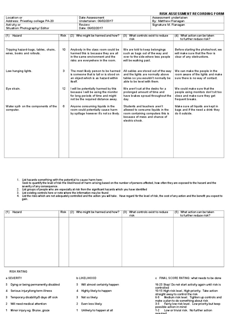 Risk Assessment Recording Form | PDF | Hazards | Risk
