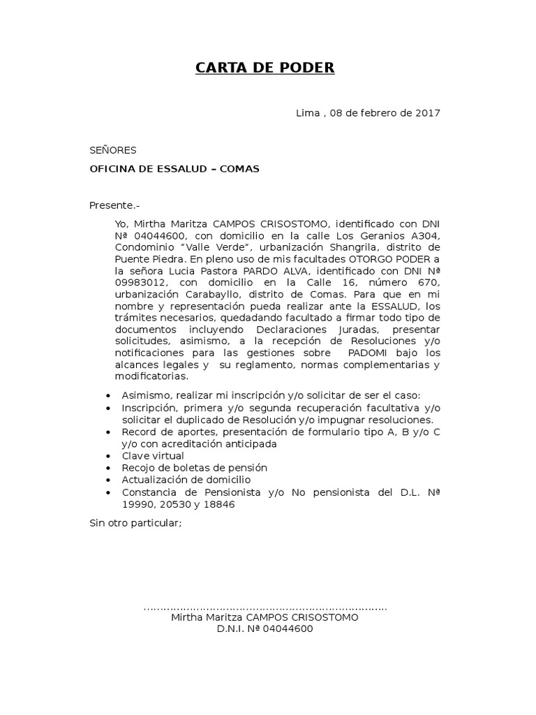 CARTA de PODER - Maritza - Casa Oasis | PDF