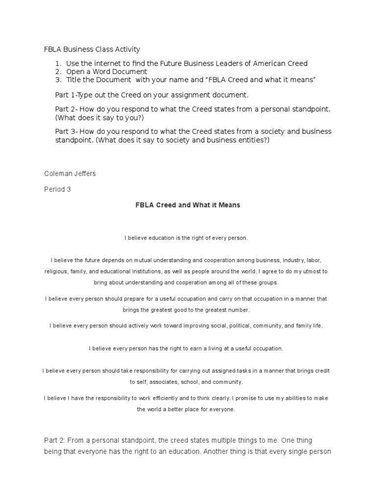 Fbla Creed Activity Coleman | PDF | Creed | Legal Personality