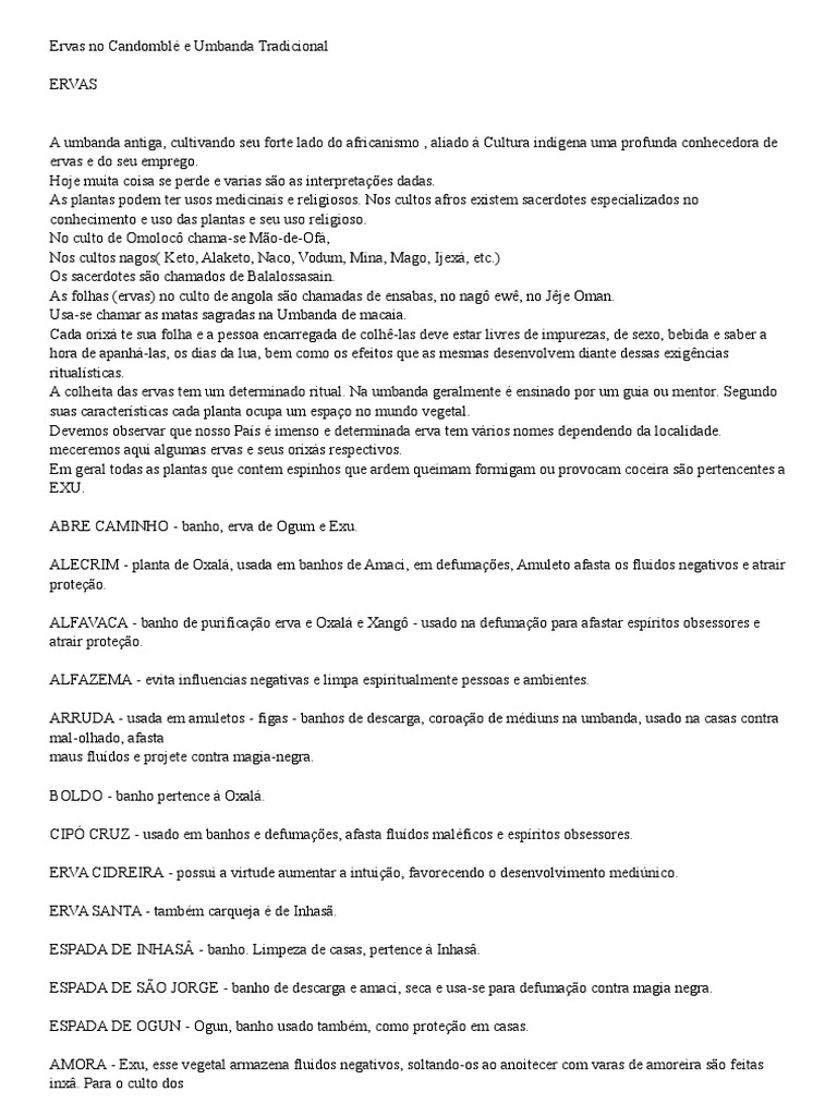 Ervas No Candomblé e Umbanda Tradicional | PDF