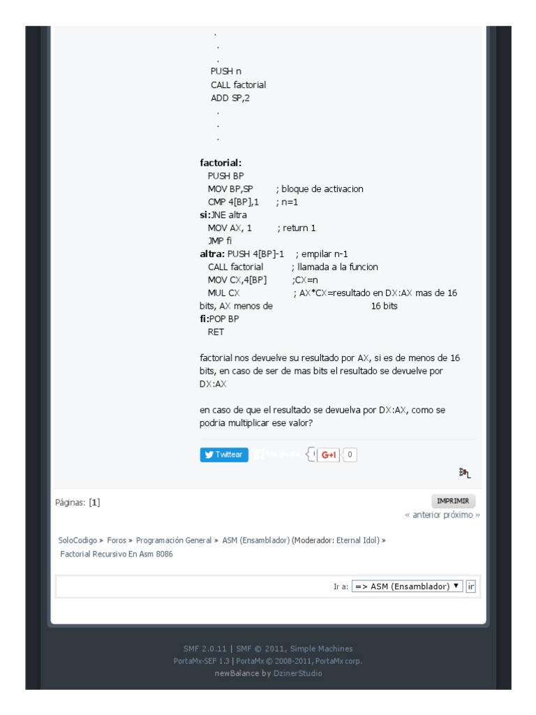 Factorial Recursivo en Asm 8086 | PDF