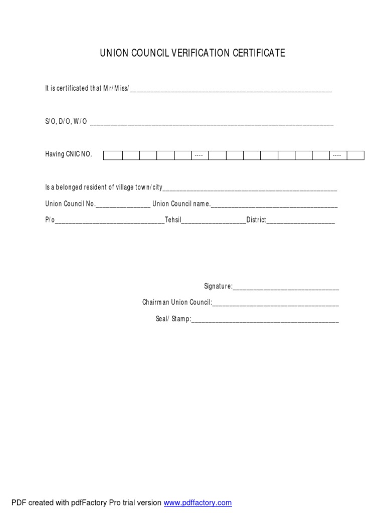 Union Council Verification Certificate | PDF | Home & Garden ...