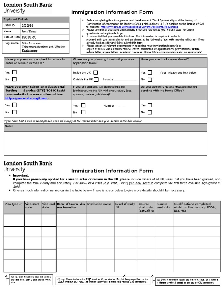 LSBU Immigration Information Form v1(1).docx | Travel Visa | University ...