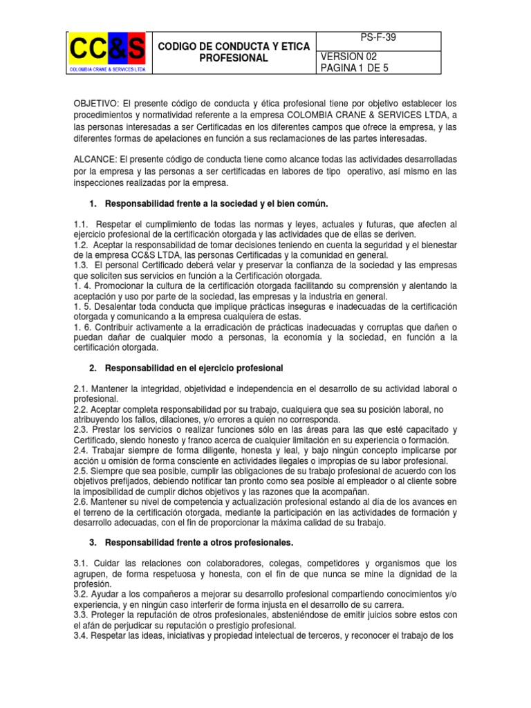 Codigo de Conducta CC&S Ltda PDF | PDF | Comportamiento | Información