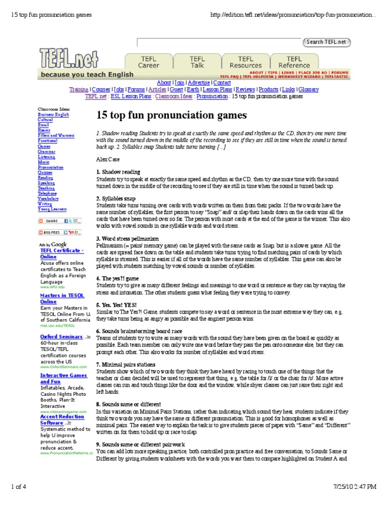 15 Top Fun Pronunciation Games | PDF