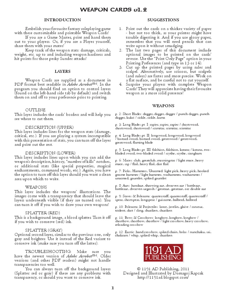 Weapon Cards | PDF | Sword | Tools